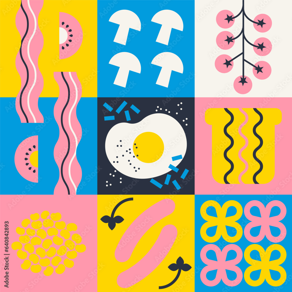 Breakfast food set in flat style. Minimalist illustration of egg, bacon ...