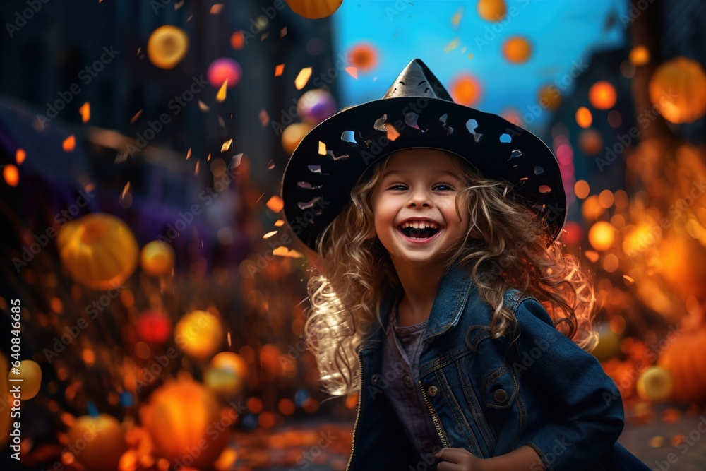 Concept portrait of a little girl exuberantly adorned in a Halloween ...