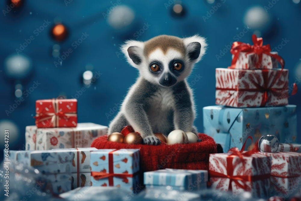 cute baby lemur primate with christmas gift boxes on blue blurred ...
