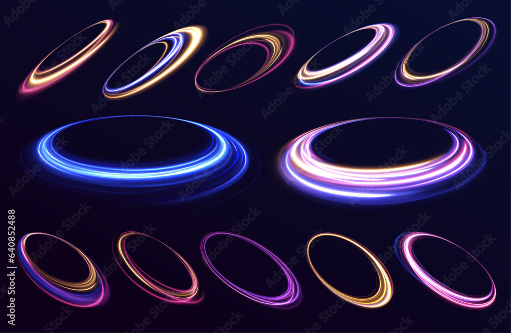 Rounded neon line with light effect. Energy flow tunnel. Blue portal ...