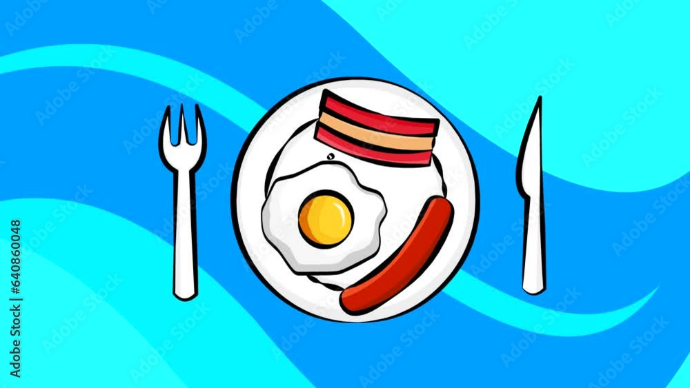 Plate with food, fork and knife animated in cartoon style, 2d animation ...