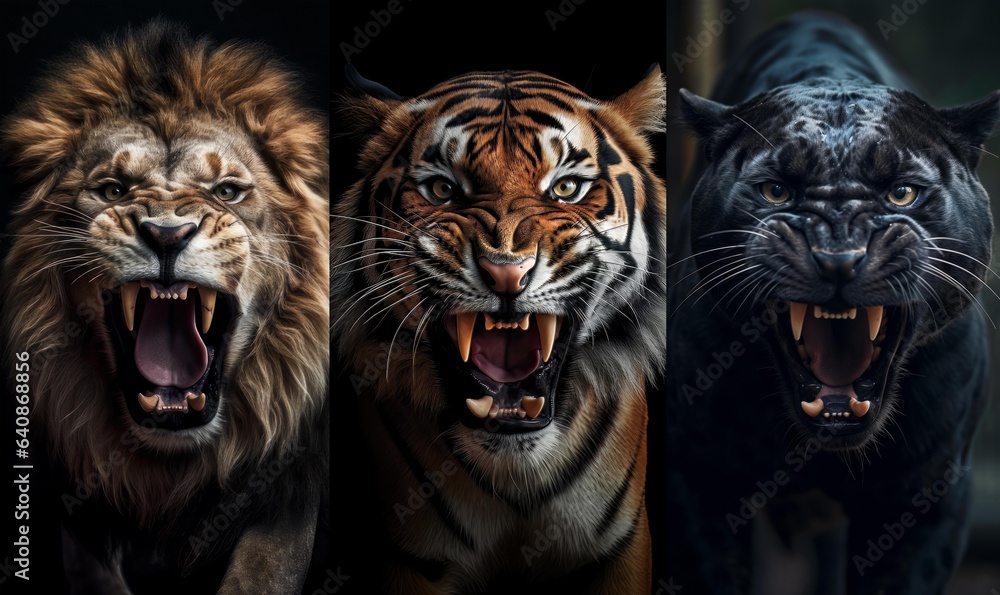 Tiger, lion and wolf growling photography on black background. Close up ...