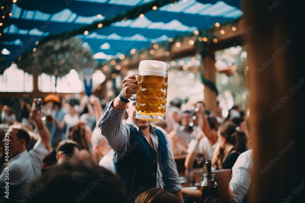 a traditional ceramic stein, overflowing with frothy beer, held aloft ...