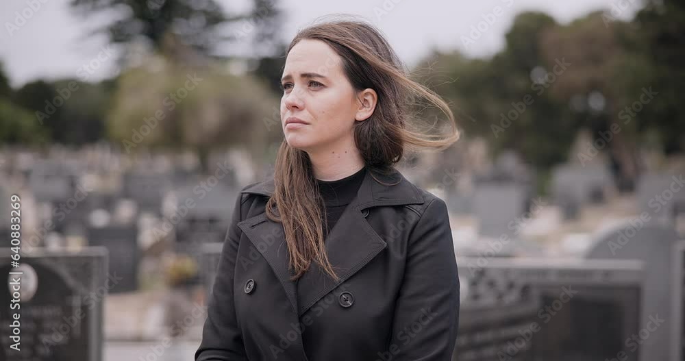 Rose, death or sad woman in cemetery for funeral. spiritual service or ...