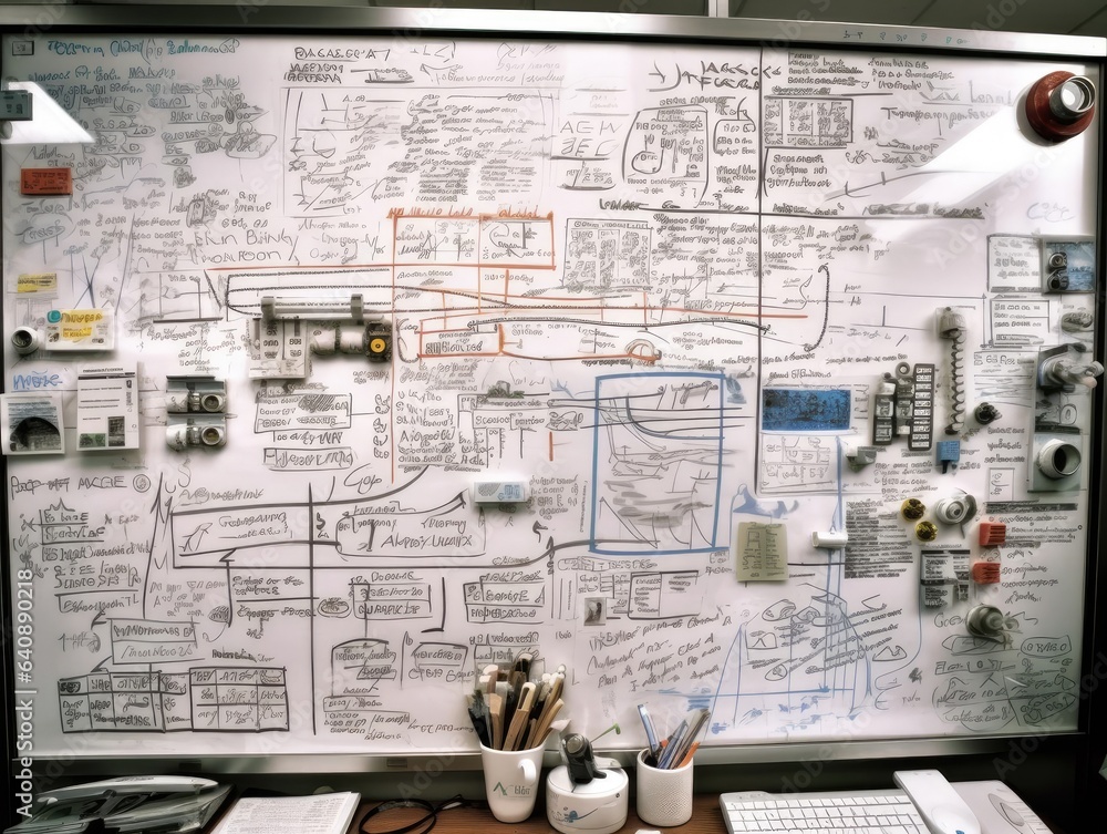 The image captures the office whiteboard filled with neatly handwritten ...