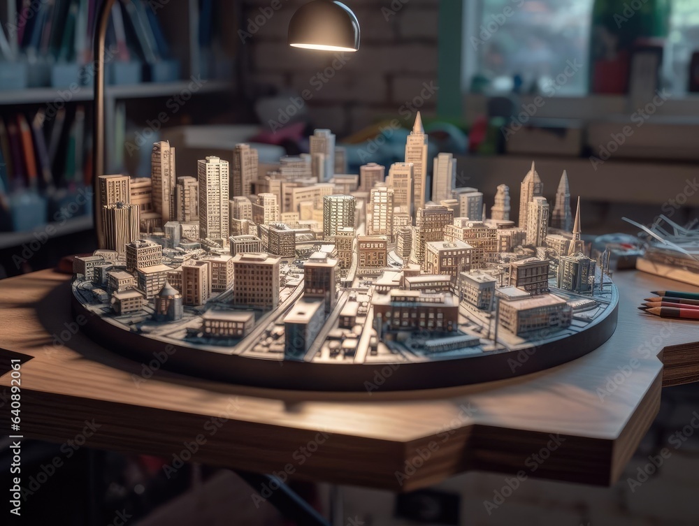 On a wooden architect's table, amidst scattered blueprints and pencils ...