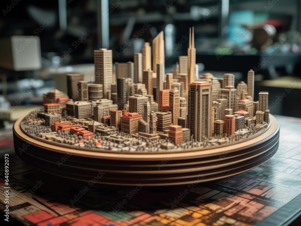 On a wooden architect's table, amidst scattered blueprints and pencils ...