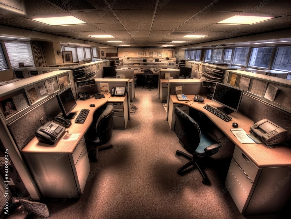 The photograph depicts an unoccupied office cubicle, captured from an ... The photograph depicts an unoccupied office cubicle, captured from an ...