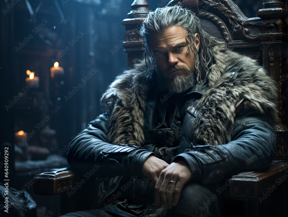 King of Winter sitting on his icy throne with a face marked by a deep ...