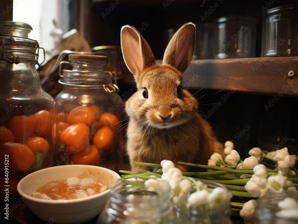 In the image, a cute bunny rabbit stands on its hind legs in front of a ...