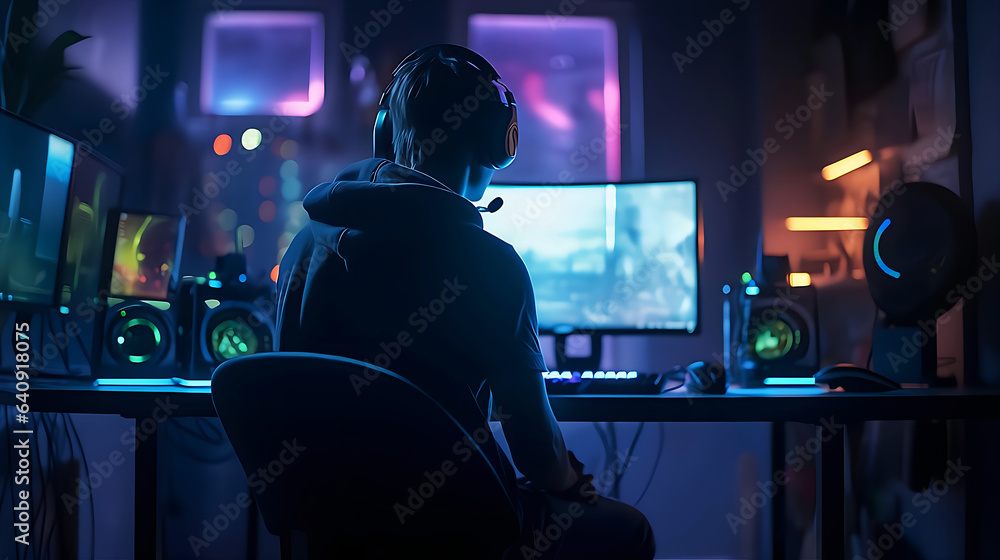 Professional eSports gamer in action playing on his computer at night ...