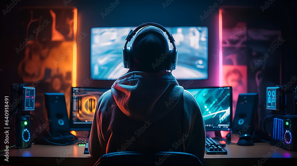 Professional eSports gamer in action playing on his computer at night ...