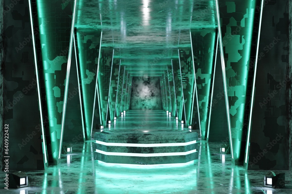 Dark interior concentrate room with fog and mist. industrial wall and ...