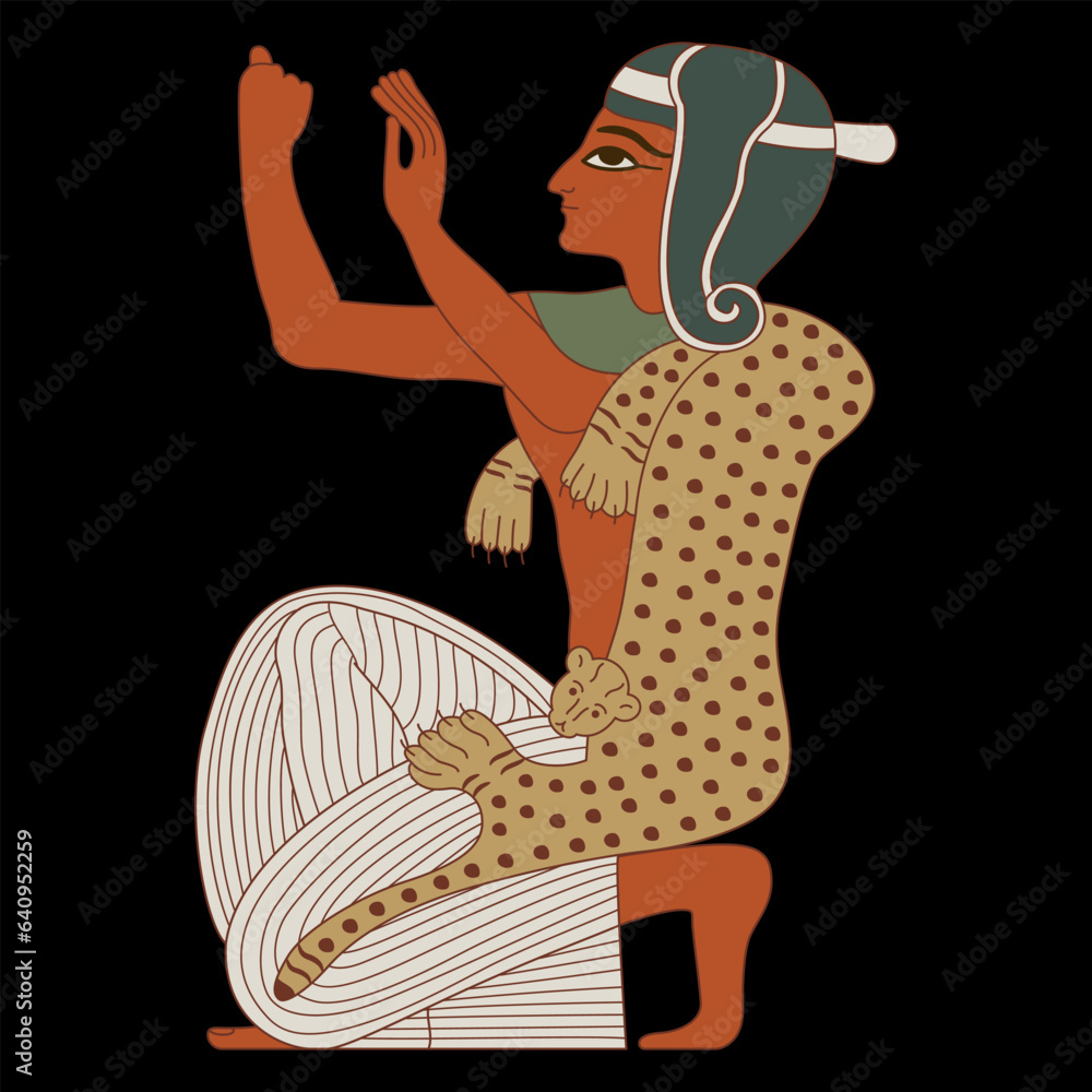 Kneeling praying ancient Egyptian man. Ethnic design. On black ...