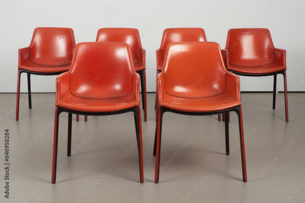 Six red chairs arranged in two rows. The chairs are made of red leather ...