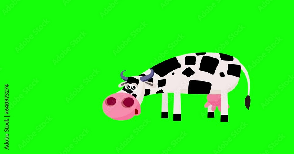 Cartoon spotty speckled black and white squares cow character pasture ...