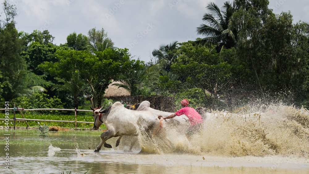 Pair of yoked bulls running on paddy field with ankle deep water. This ...