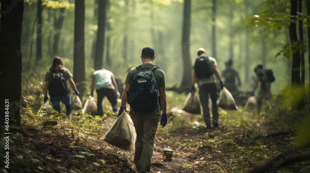 Young volunteers cleaning up forest together, collecting trash and ...