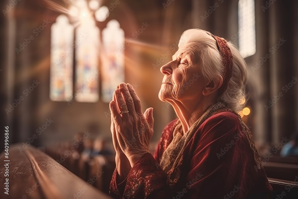 Faith, prayer or old woman in church for God, holy spirit or religion ...