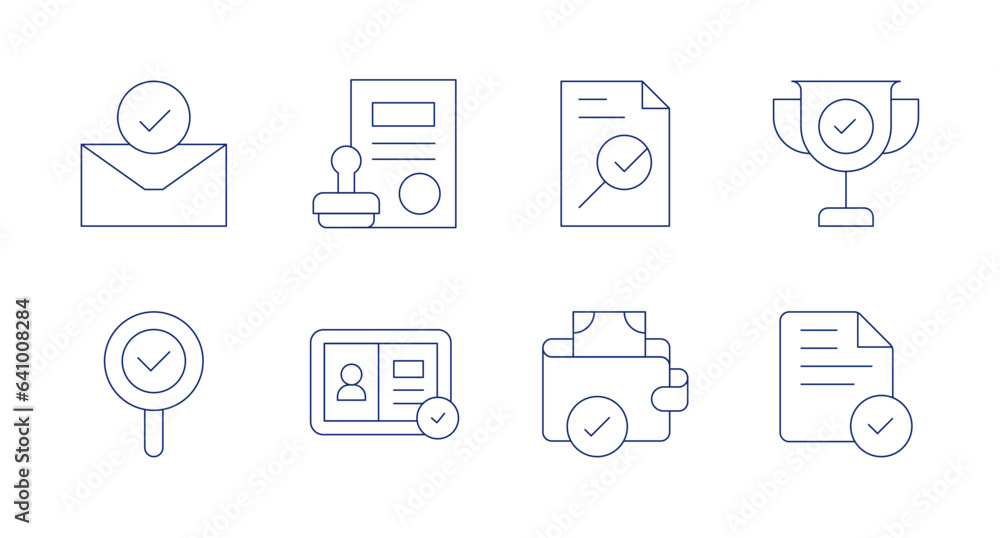 Approval icons. editable stroke. Containing document, id card, approved ...
