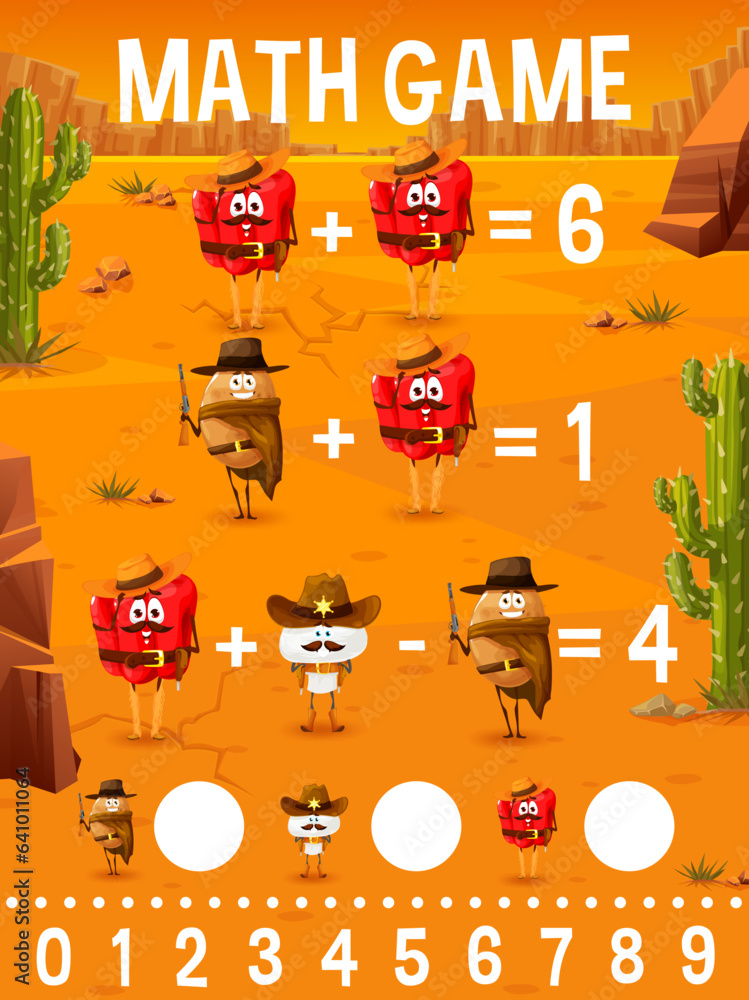 Math game worksheet, cartoon Mexican vegetable cowboy and bandit ...