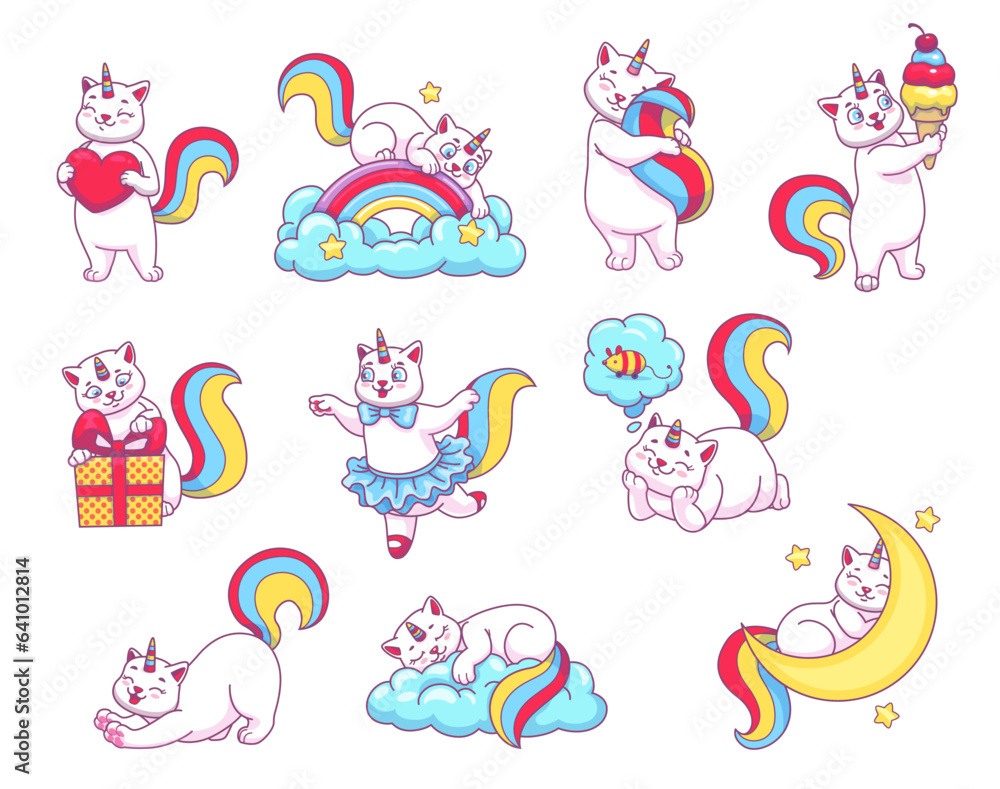 Cute funny cartoon caticorn characters. Magical caticorn, cute fairy ...