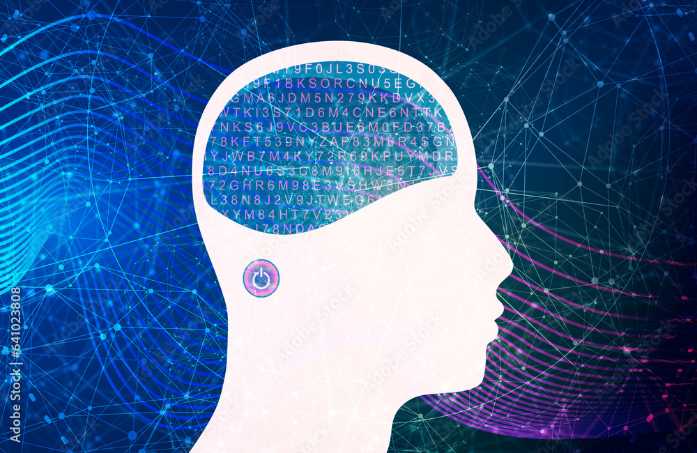 Silhouette of a man head textured by machine code. Scientific and ...