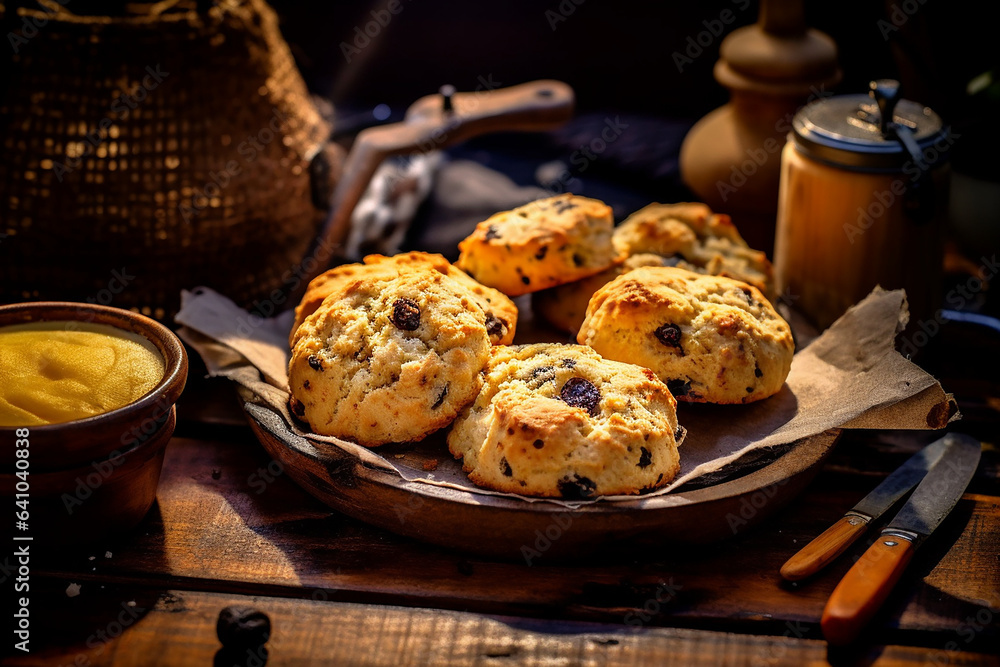 rock cake served on a wooden plate , also called a rock bun, is a small ...