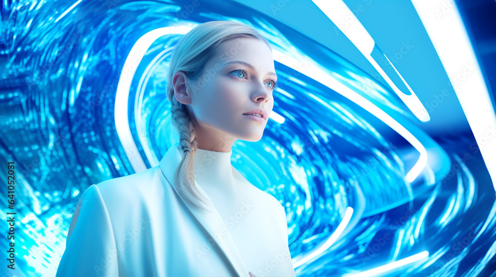 Portrait of young girl in ergonomic white clothes. Minimalistic and ...