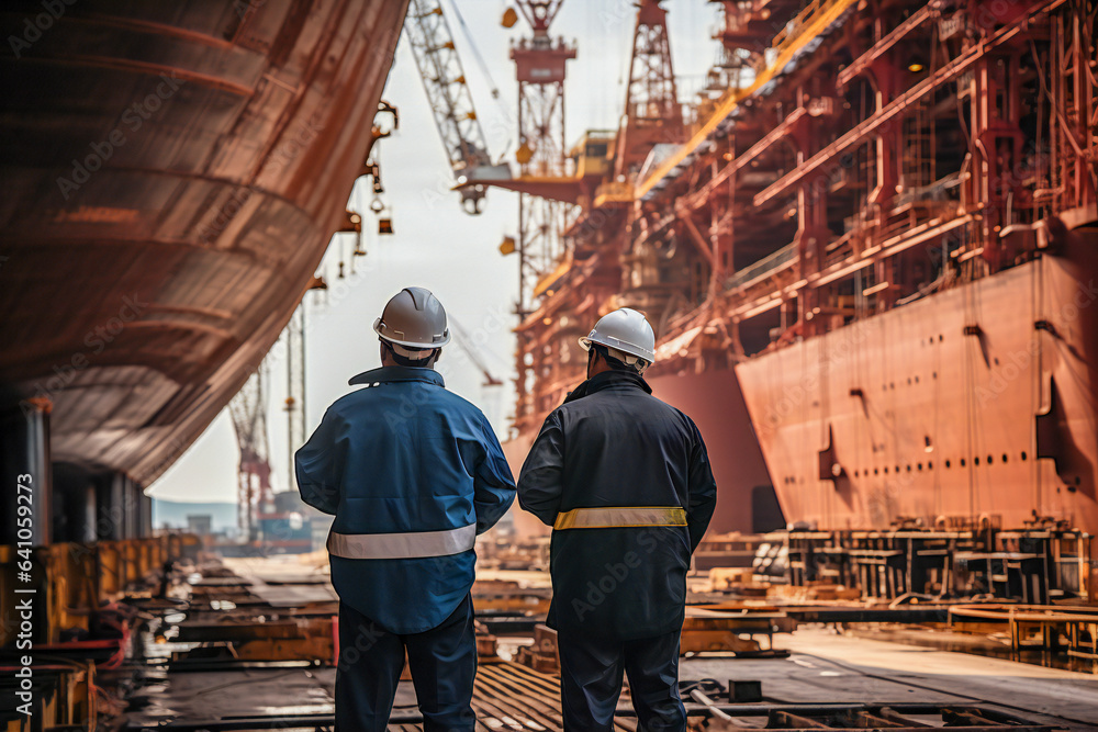 Big ship under construction in shipyard with shipyard workers around ...
