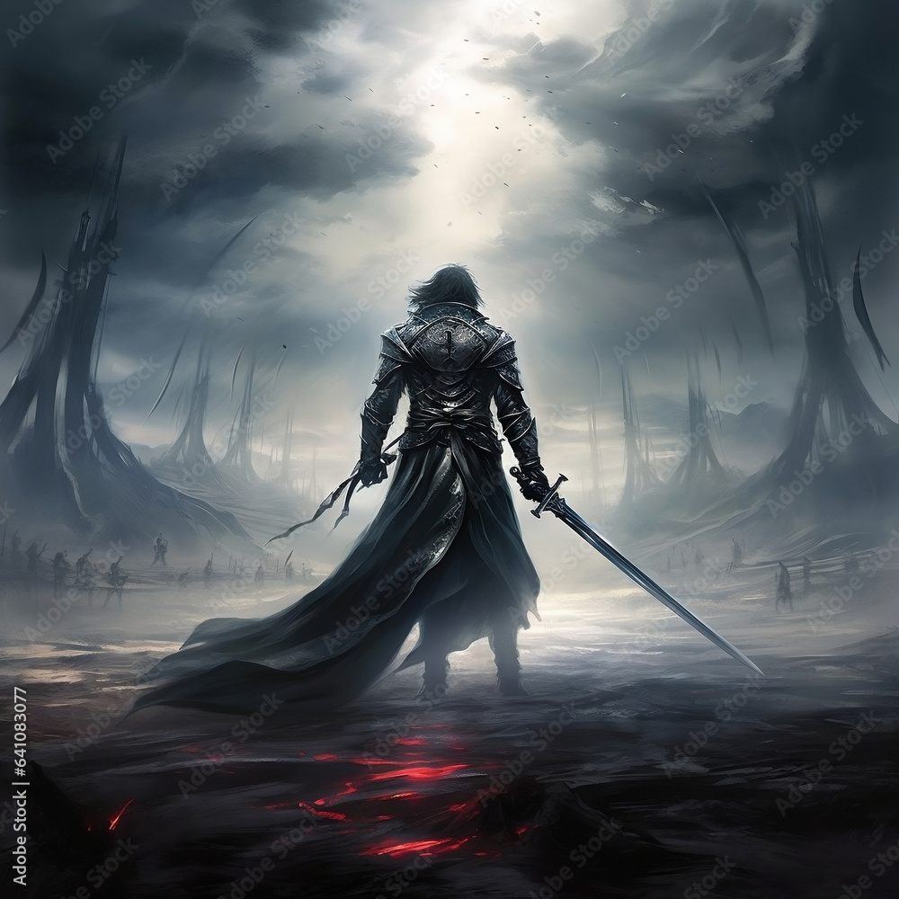 In the middle of a lonely battlefield, the fantasy sword master walks ...