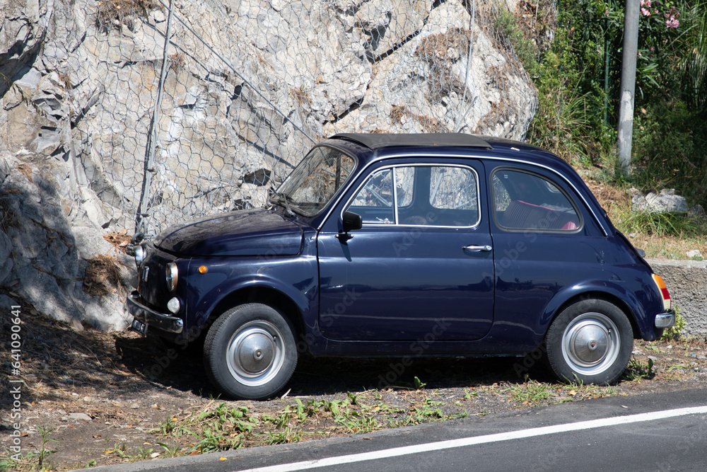 fiat 500 blue small vintage model old timer car sixties side view in ...
