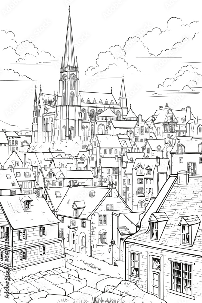 France Bayeux village cityscape black and white coloring page for ...