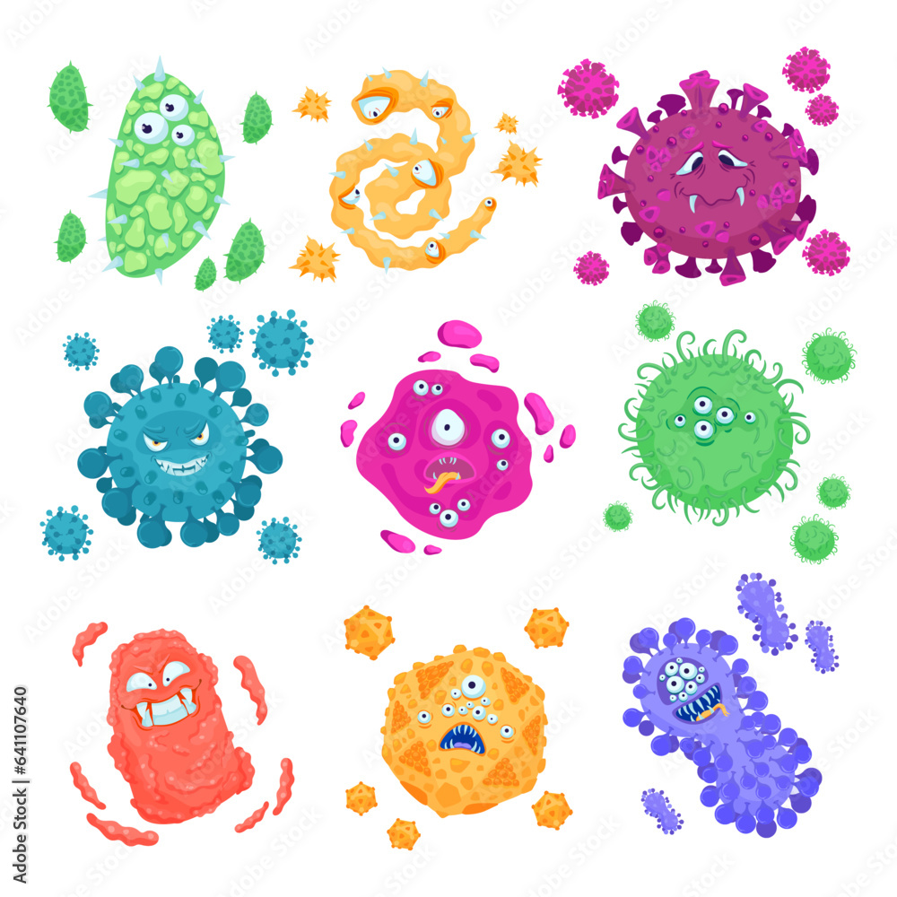 Funny viruses and bacteria vector illustrations set. Cartoon drawings ...