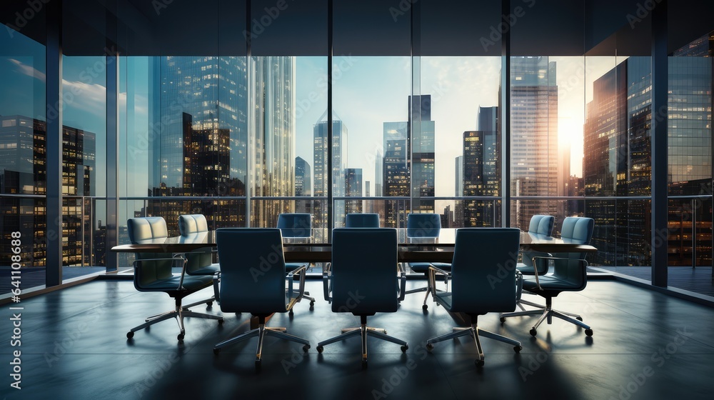 Office meeting room interior glass segmented with large window. A large ...