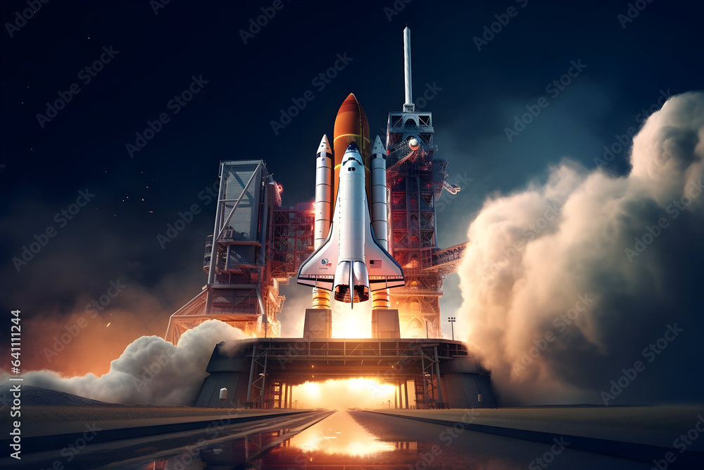 A giant rocket slowly lifting off the launchpad, its engines roaring ...