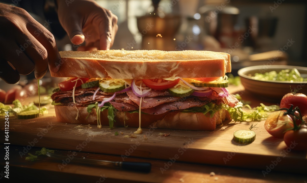 african american male hands making a sandwich in the kitchen, warm ...