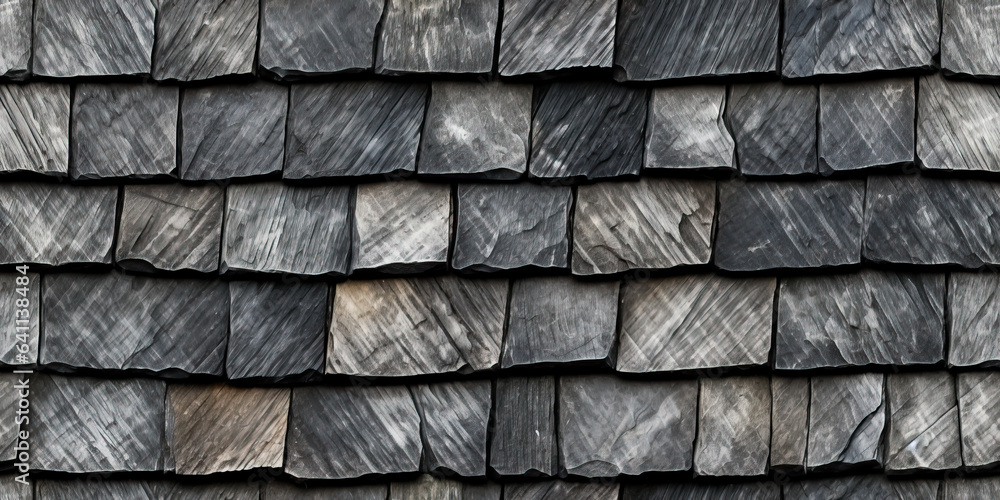 Slate stone roof in a seamless tiled pattern. Flat grey stone slabs ...