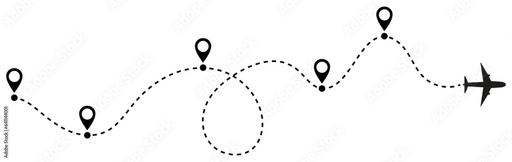Airplane line path travel line icon vector, airplane location path in ...
