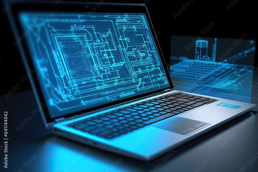 Laptop on a desk surrounded by stationary and blueprint papers. Work ...