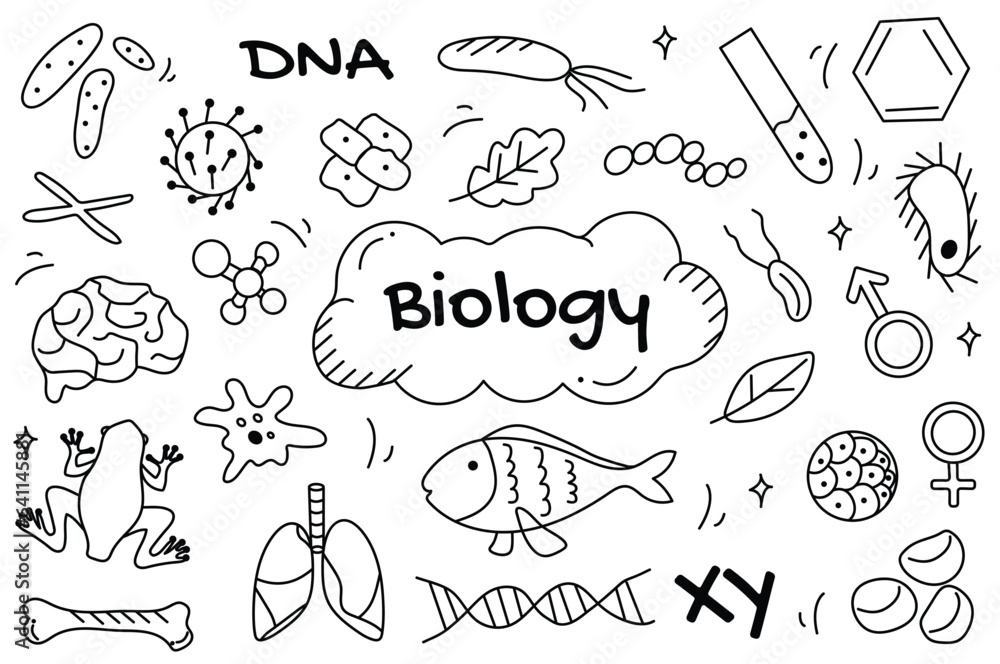Line set Biology in cartoon style. Black and white illustration set ...