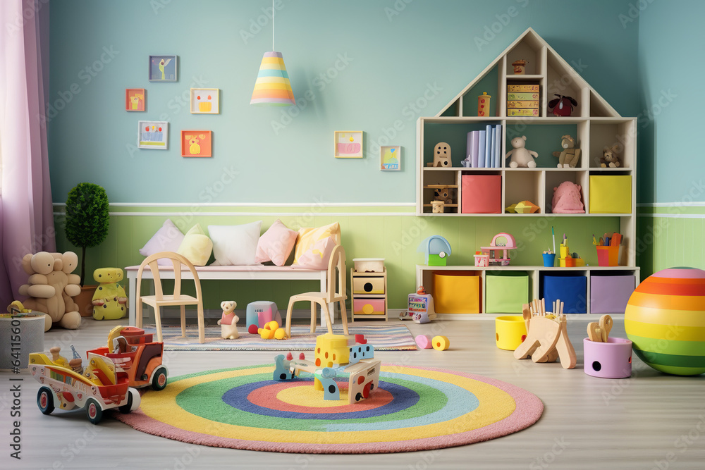 a cute baby’s playroom full of toys and decorative elements, color ...