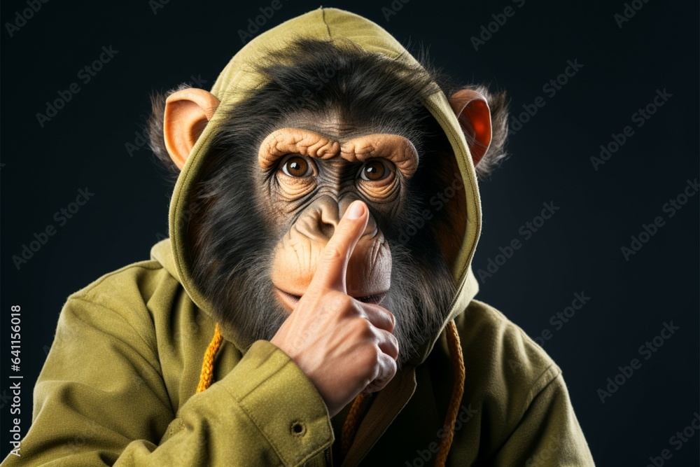 Monkey mimics silence with a hush gesture curiosity and charm Stock ...