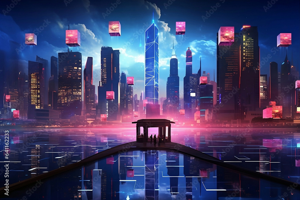 AI-Powered Cityscape: Depict a futuristic cityscape illuminated by AI ...
