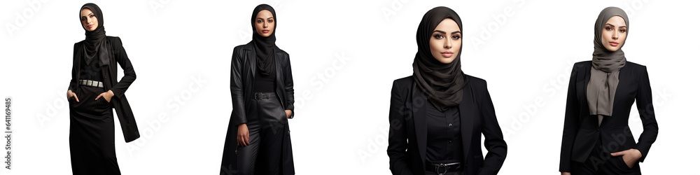 Muslim female model wearing black office attire with hijab isolated ...