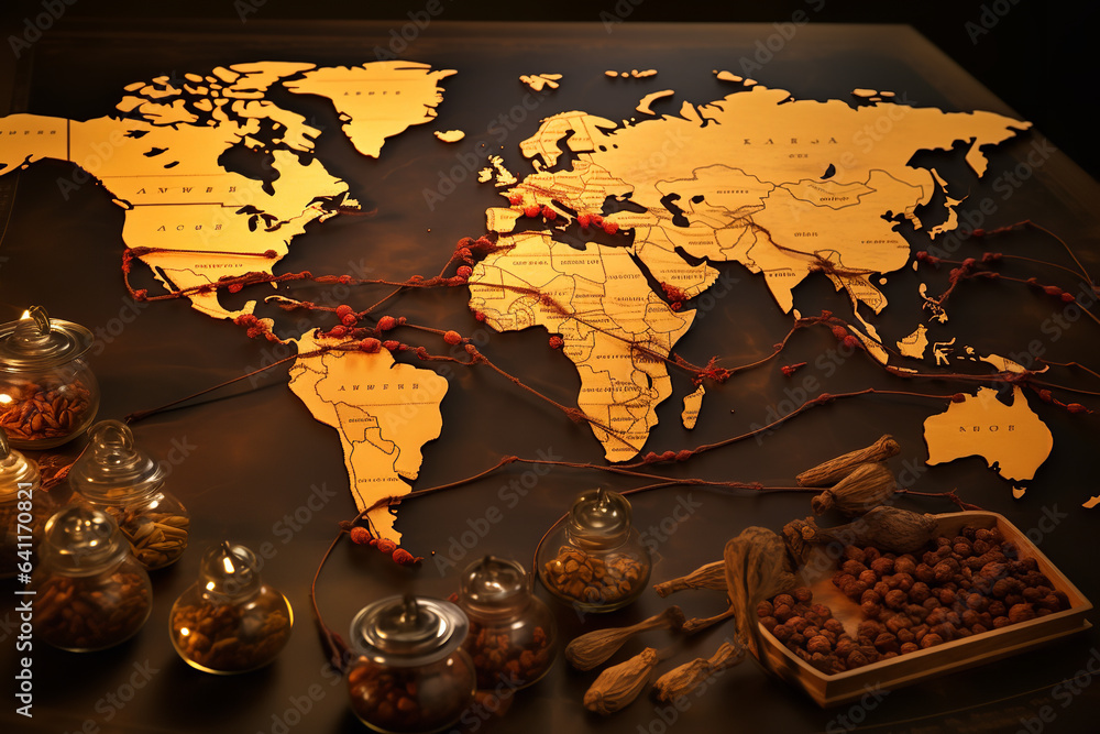 Tracing the journey of spices across continents and oceans, showcasing ...