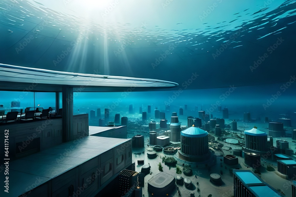 Underwater biodome city encased in a transparent dome on the ocean ...