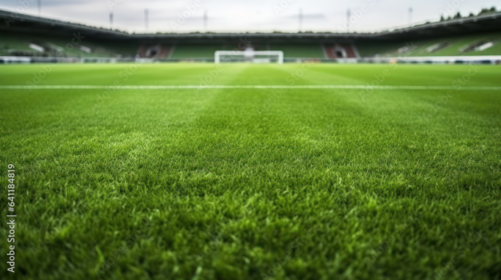 Ground-level view of a football stadium, showcasing the lush green ...
