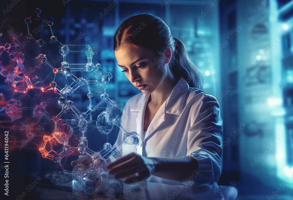 Female medical research scientist using futuristic virtual interface of ...