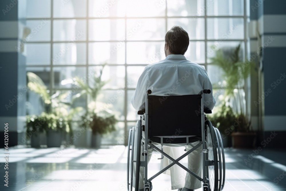 Bottom up paralyzed man or disabled man sitting in a wheelchair and ...